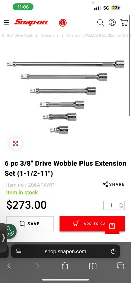SNAP ON BRAND NEW 6 pc 3/8" Drive Wobble Plus Extension Set (1-1/2-11 ...