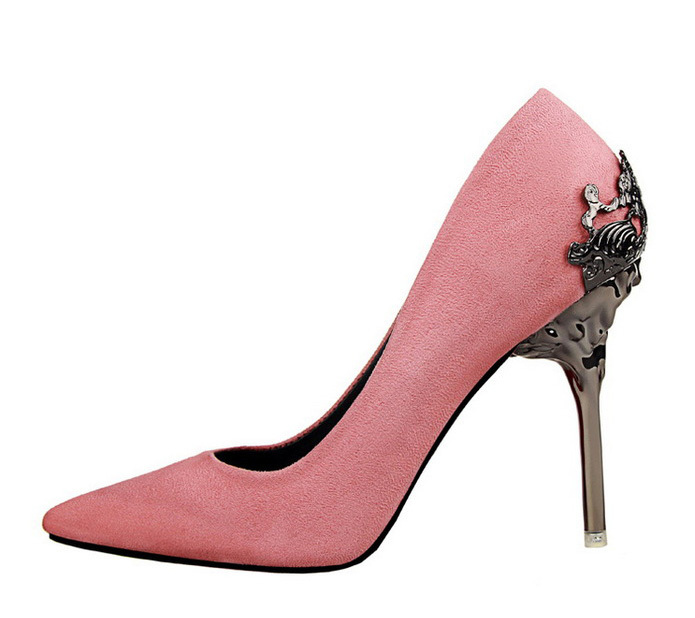 Women Black Metal Carving Heels Pumps Pointed Toe Stilettos Bridal ...