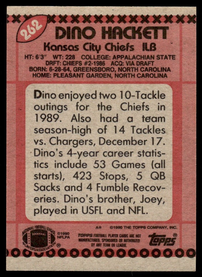 1990 Topps Dino Hackett Kansas City Chiefs #262 | eBay