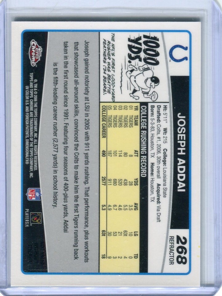2006 Topps Chrome Refractor Joseph Addai #268 Rookie Card RC Colts | eBay