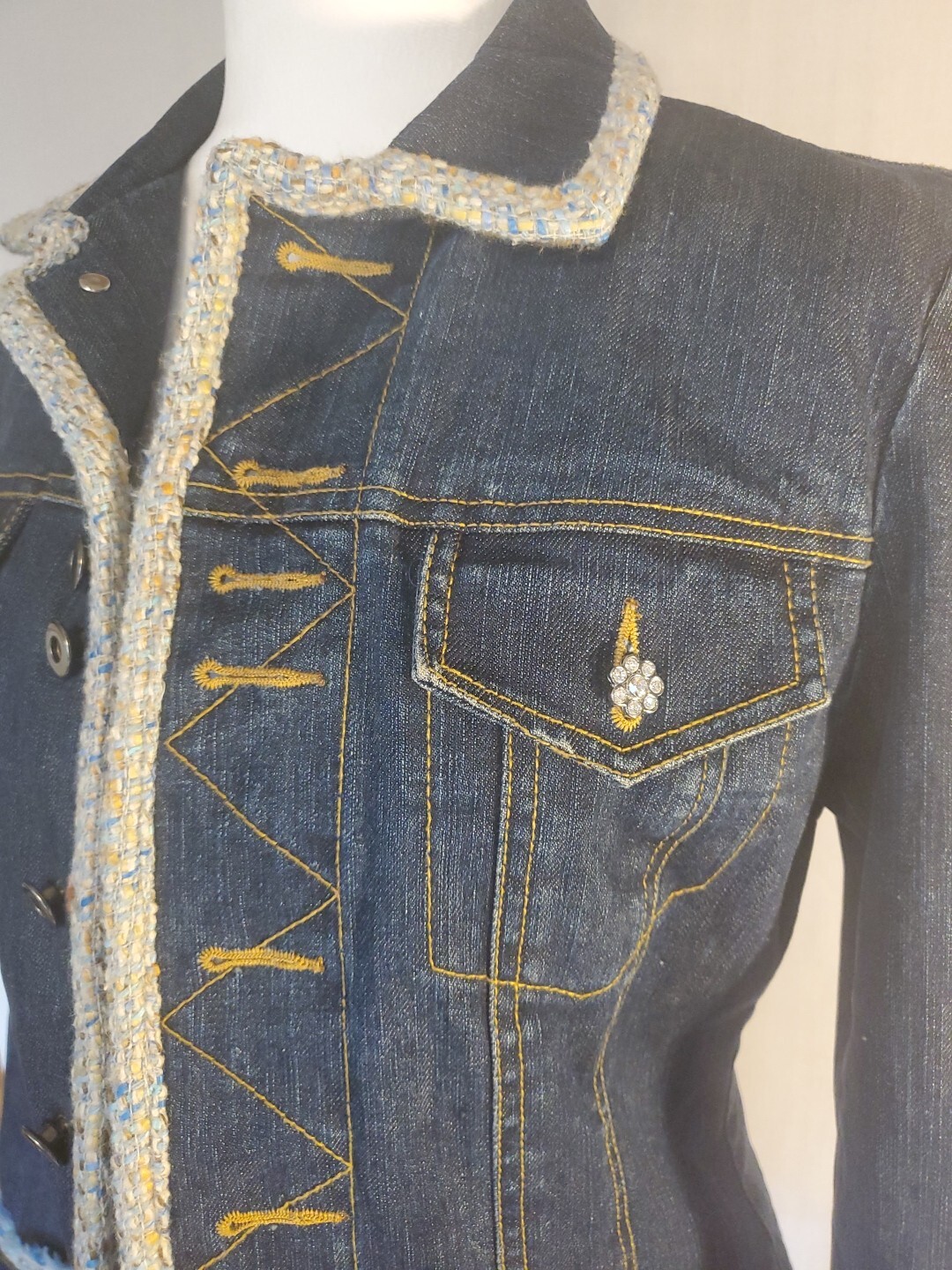 Cache Denim Jacket Rhinestone Buttons Lined Boucle T… - Gem