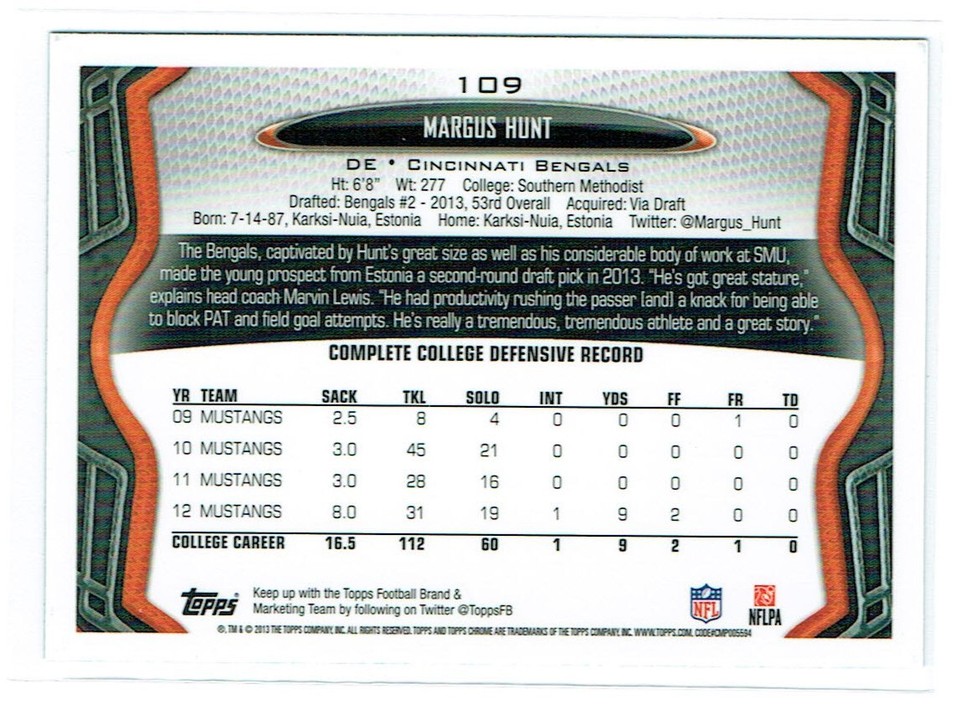2013 Topps Chrome Football Card #109 Margus Hunt Rookie | eBay