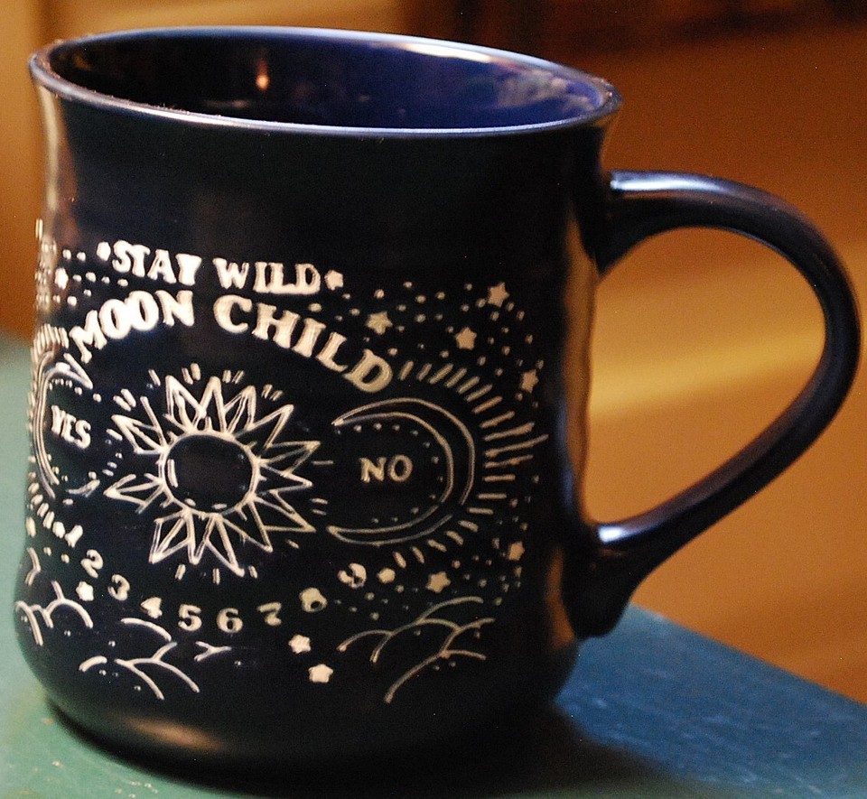 Vtg Ceramic STAY WILD MOON CHILD Coffee Mug DARK BLUE Ouija Oracle 16 oz | eBay