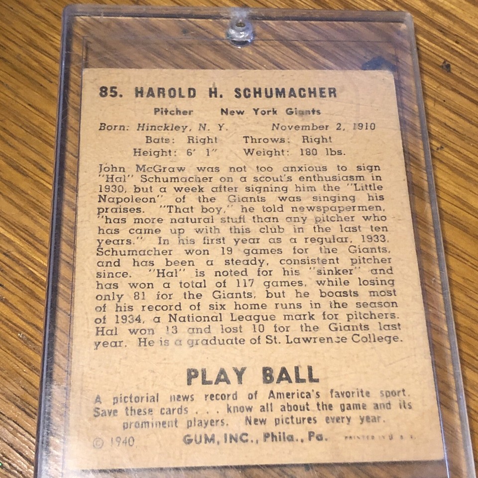 1940 PLAY BALL HAROLD SCHUMACHER #85 - ORIGINAL Slabbed No Creases | eBay