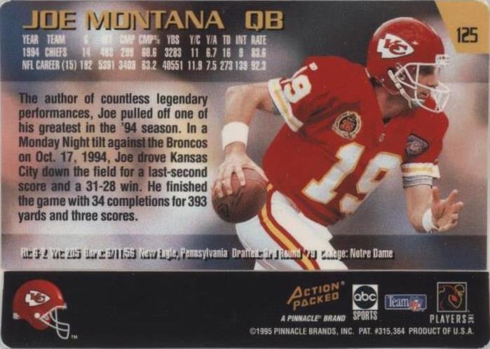 1995 Action Packed Monday Night Football Joe Montana #125 for sale | eBay