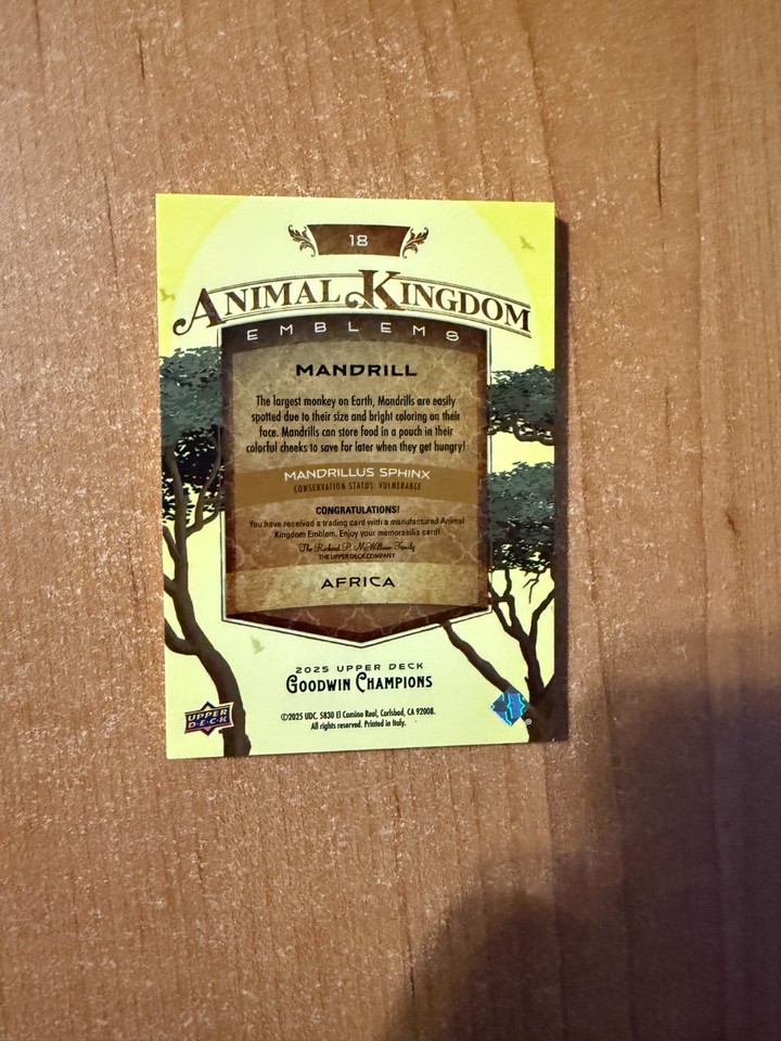 2025 UD Goodwin Champions - Mandrill - #18 Animal Kingdom Emblems Relic ...