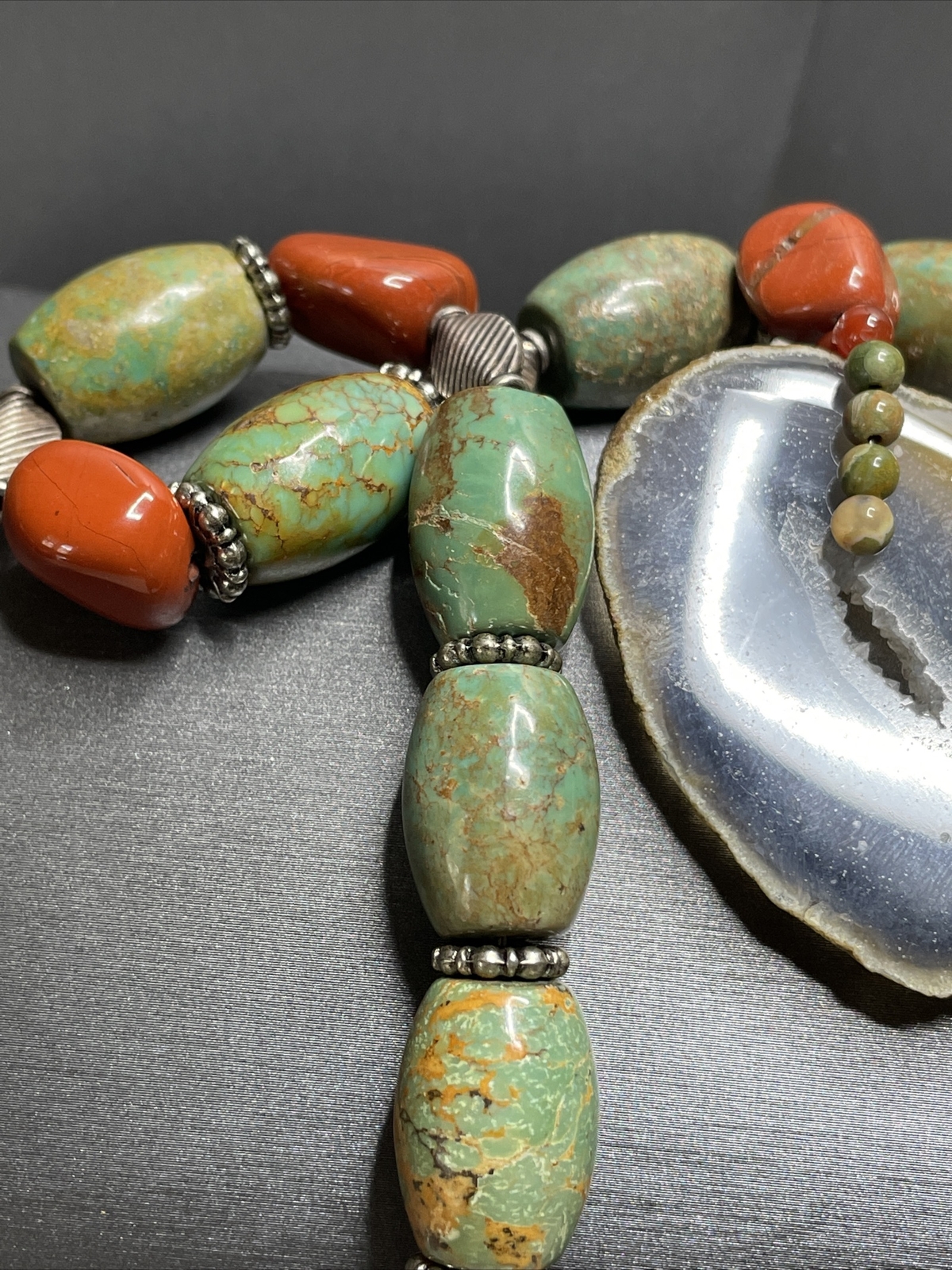 Red Jasper & Agate Slice Pendant 20” Necklace Natural Stone & Ceramic ...