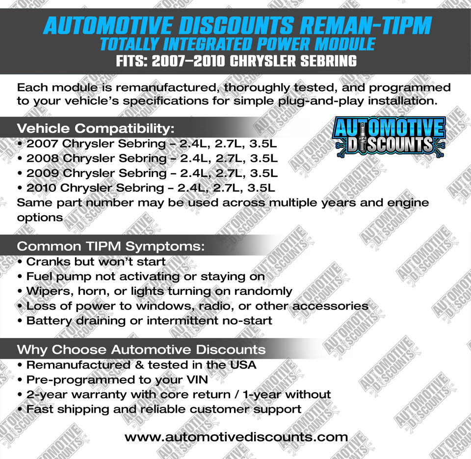 08-09 CHRYSLER SEBRING OEM Rebuilt TIPM 68048352 PROGRAMMED PLUG & PLAY ...