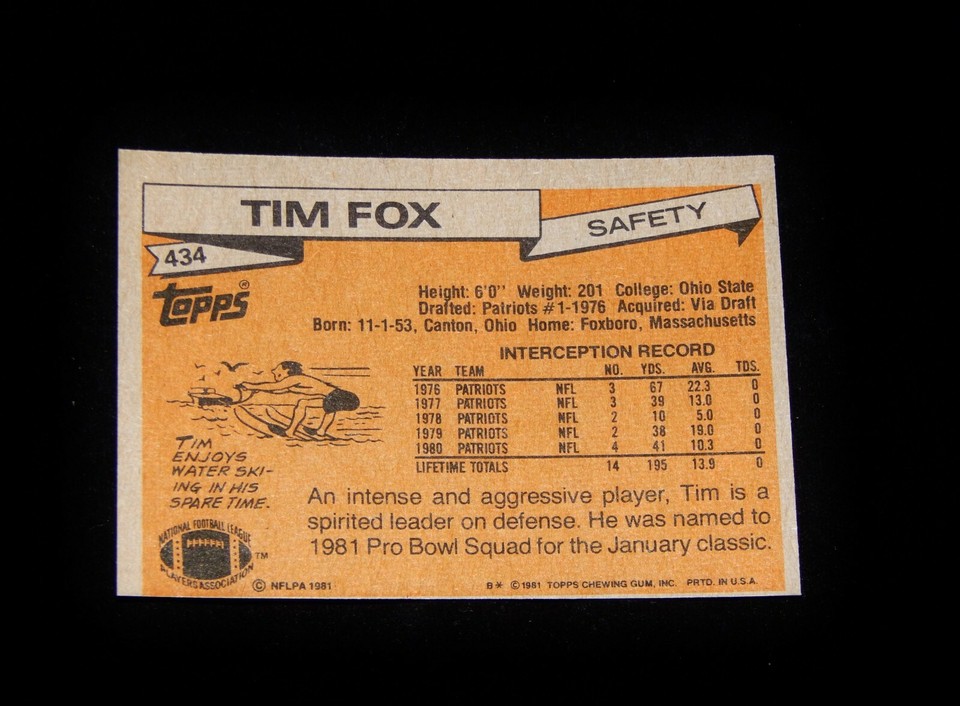 Vintage Football Card, 1981, NFL, TOPPS, NEW ENGLAND PATRIOTS, Tim Fox ...