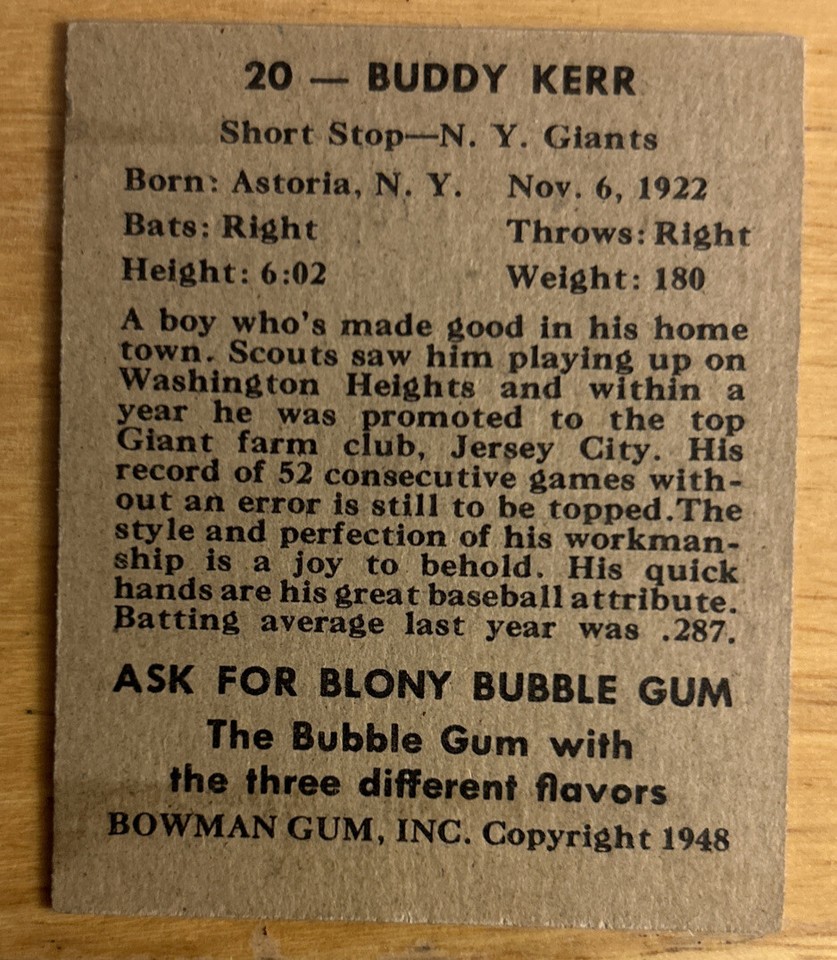 1948 Bowman Buddy Kerr Baseball Short Print Rookie Card (RC) #20 New ...