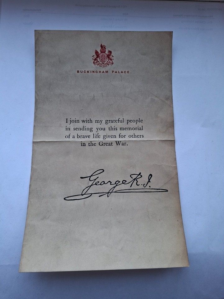 ORIGINAL WWI DEATH / MEMORIAL PLAQUE CARD ENVELOPE & KINGS CONDOLENCE ...