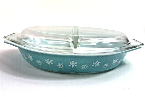 Vintage Pyrex Turquoise Snowflake 1-1/2 Quart Divided Casserole Dish ...
