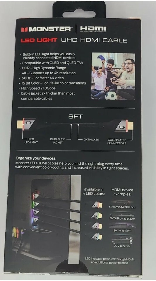 Monster HDMI Cable 4K HDR Premium Gold Plated High Speed 6 Ft Red LED ...