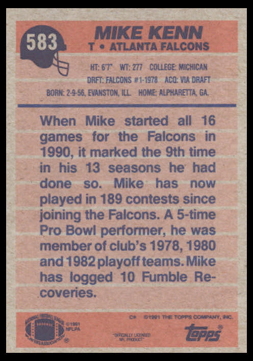 1991 Topps #583 Mike Kenn Atlanta Falcons Football Card | eBay