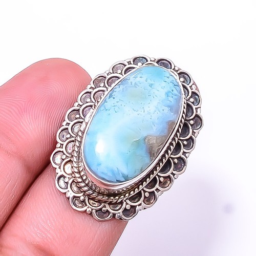 Natural Larimar Fine Art Oxidised Gemstone 925 Sterling Silver Ring S.6 ...