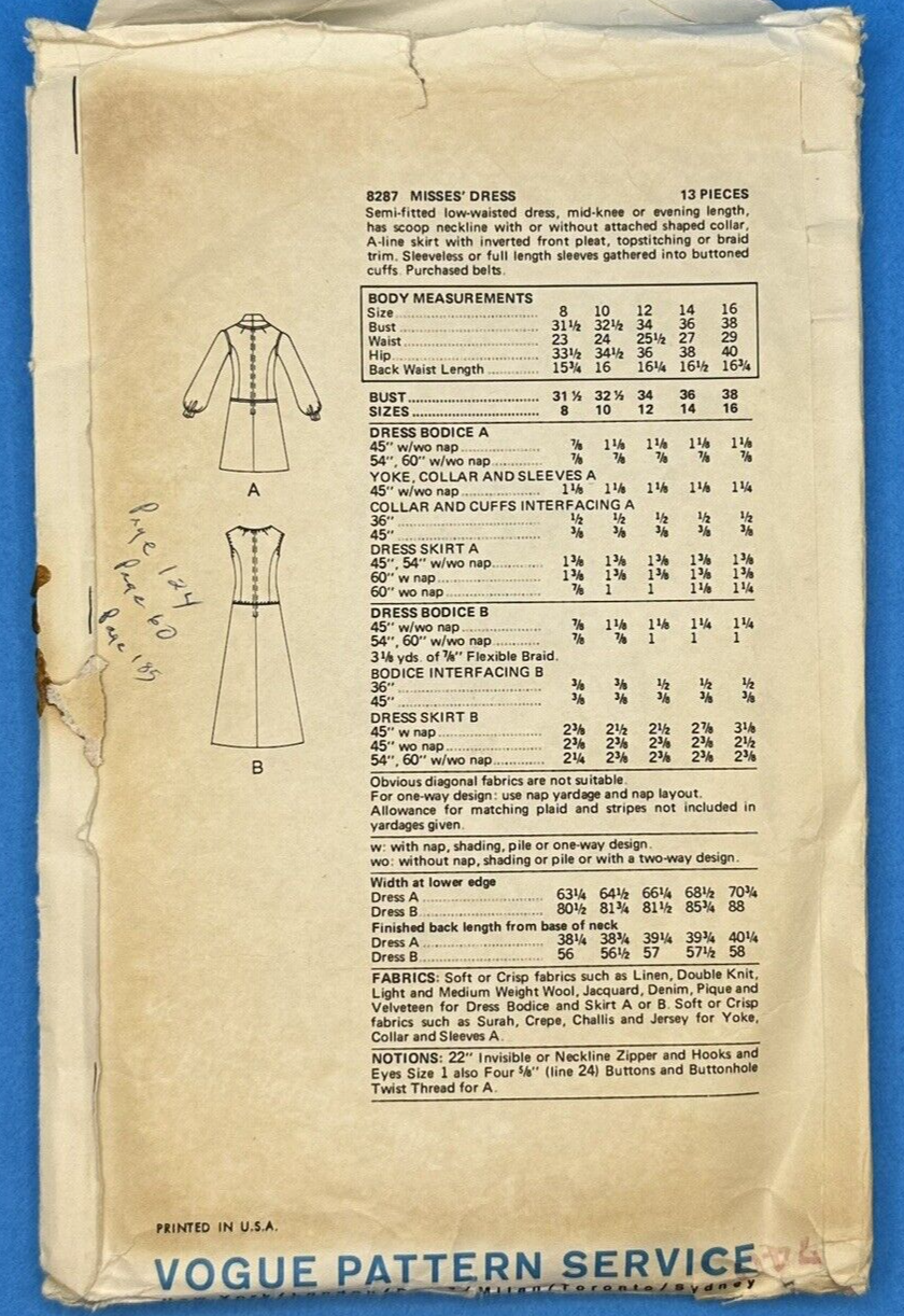 Vogue Semi Fitted Dress Pattern 8287 1970's Vintage Fashion Scoop Neck ...