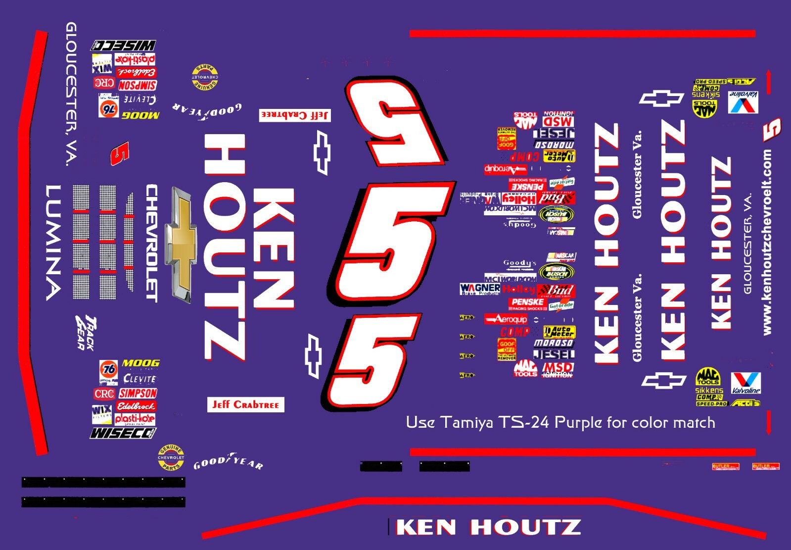 #5 Jeff Crabtree Ken Houtz Chevrolet 1/24th Scale Nascar Waterslide ...