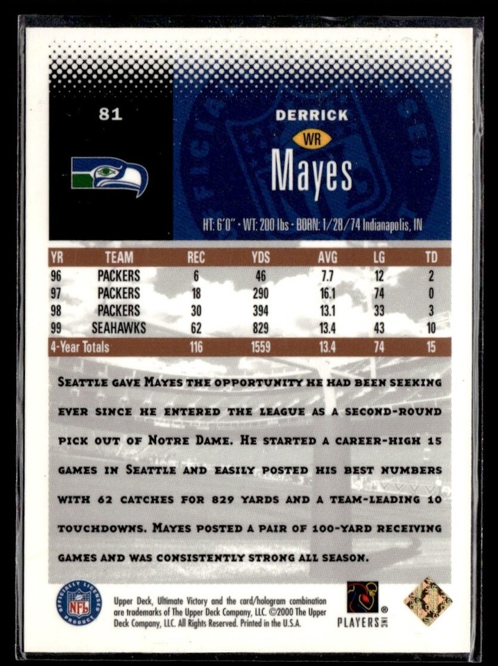 2000 Upper Deck Ultimate Victory Parallel Derrick Mayes Seattle ...