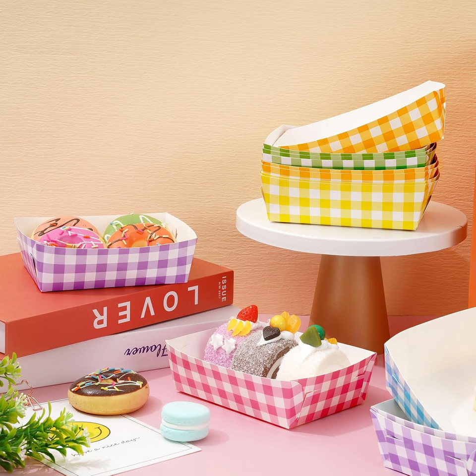 120Pcs Colorful Plaid Paper Food Trays 6 Colors Disposable Checkered ...