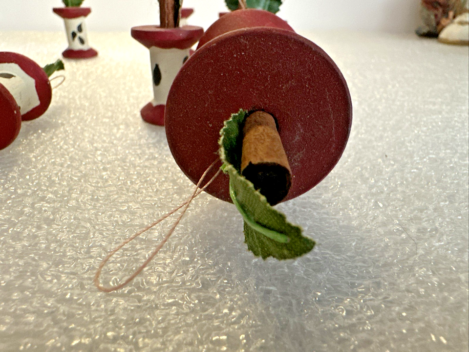 Set of 9 Vintage Wood Spools Carved Apple Core Christmas Tree Ornaments ...
