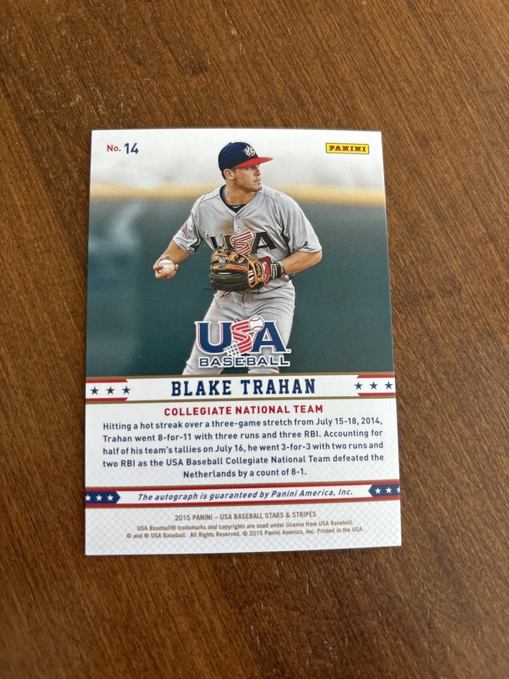Blake Trahan 2015 Panini USA Baseball Stars Stripes Red Ink Auto #14 / ...