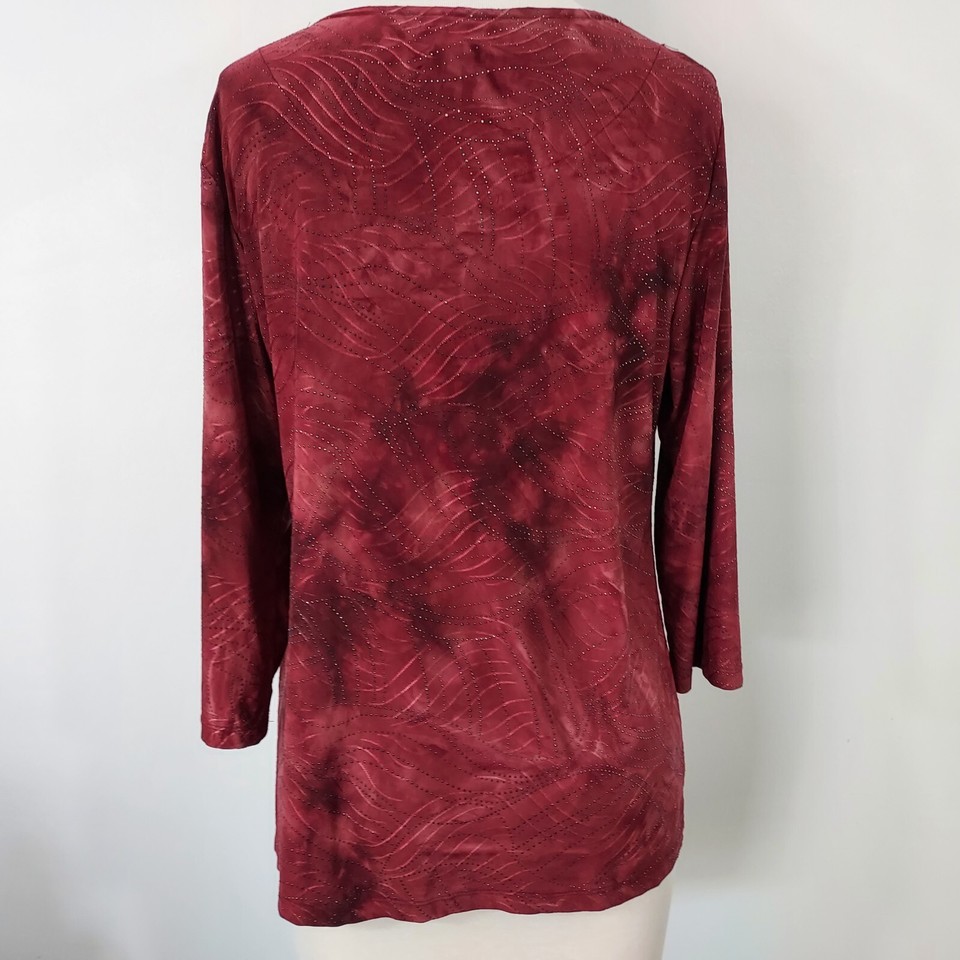JM Collection Shirt Top Stretch Textured Womens Size Medium Maroon 3/4 ...