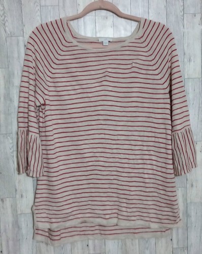 J. Jill Pullover Sweater Linen Blend Stripe Flounce 3/4 Bell Sleeve ...