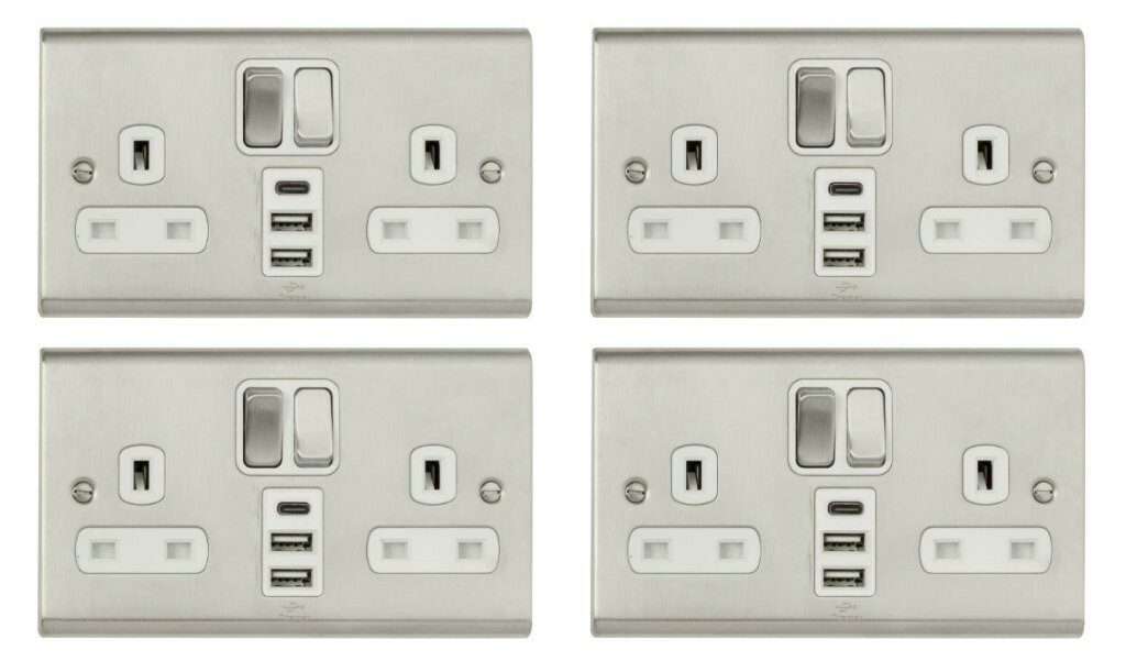 4 x Deta SD1288SSW Switched Sockets 13A 2 Gang & 3 x USB Ports ...