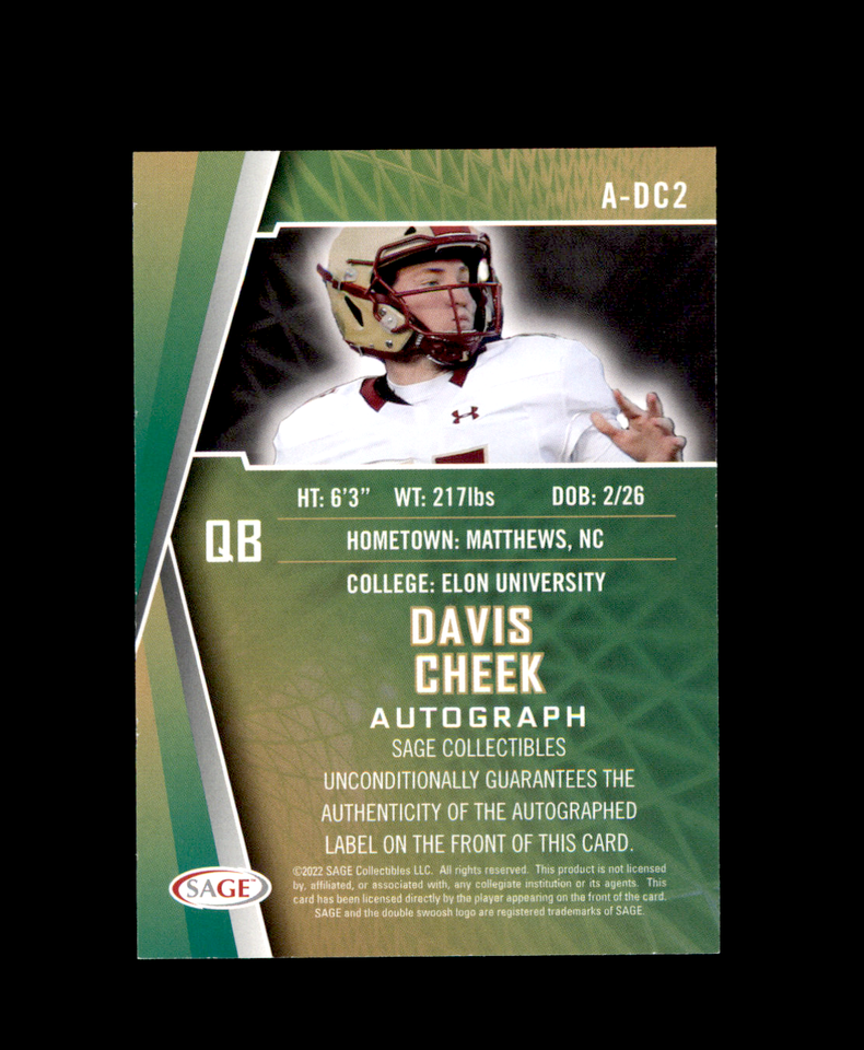 2022 SAGE HIT Autographs Red #ADC2 Davis Cheek RC Auto Elon Panthers ...