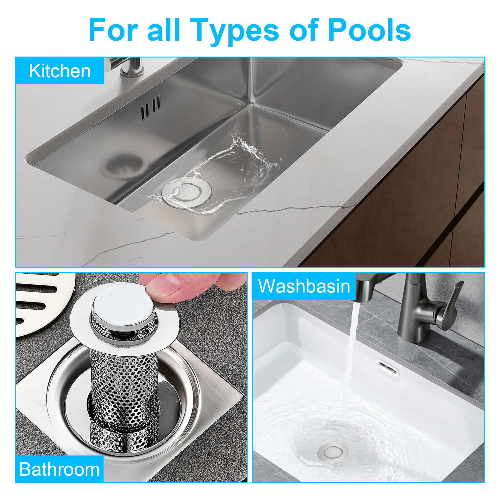 2PCS Bathroom Filters Sink Plug Hair Catcher Strainers Stainless Steel ...