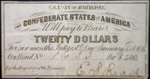 1861 CONFEDERATE Civil War Era $20 Interest Note From $500 Bond NR FREE ...
