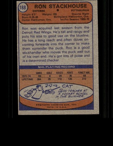 RON STACKHOUSE 1974 Topps Hockey #188 B1013R5S7P45 FREE SHIPPING | eBay