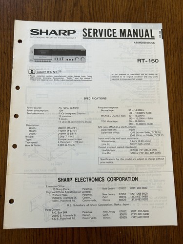 Sharp RT-150 Cassette Tape Deck Service Manual Vintage OEM Diagrams Repair | eBay