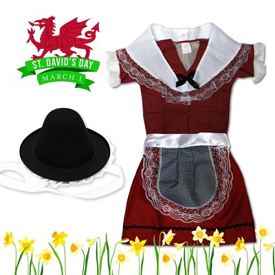 Welsh Girl Costume 5PCS Set - Dress & Bonnet Hat Complete Outfit St ...