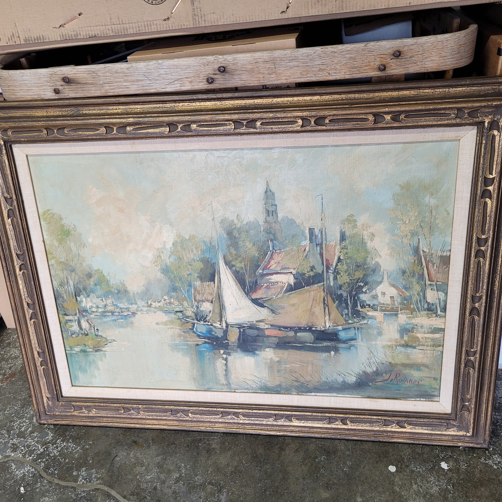 J. Rolands Signed 1950s 44x32" Original Oil on Canvas Painting Dutch ...