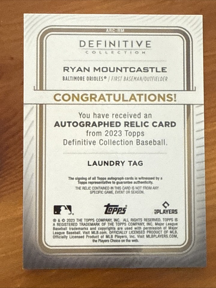 Ryan Mountcastle 1/1 Laundry Tag Autograph Topps Definitive Collection ...