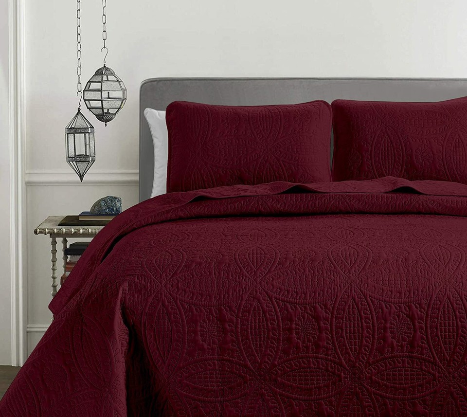 Queen King Size Solid Dark Red Embossed Oversized 3pc Quilt Set ...