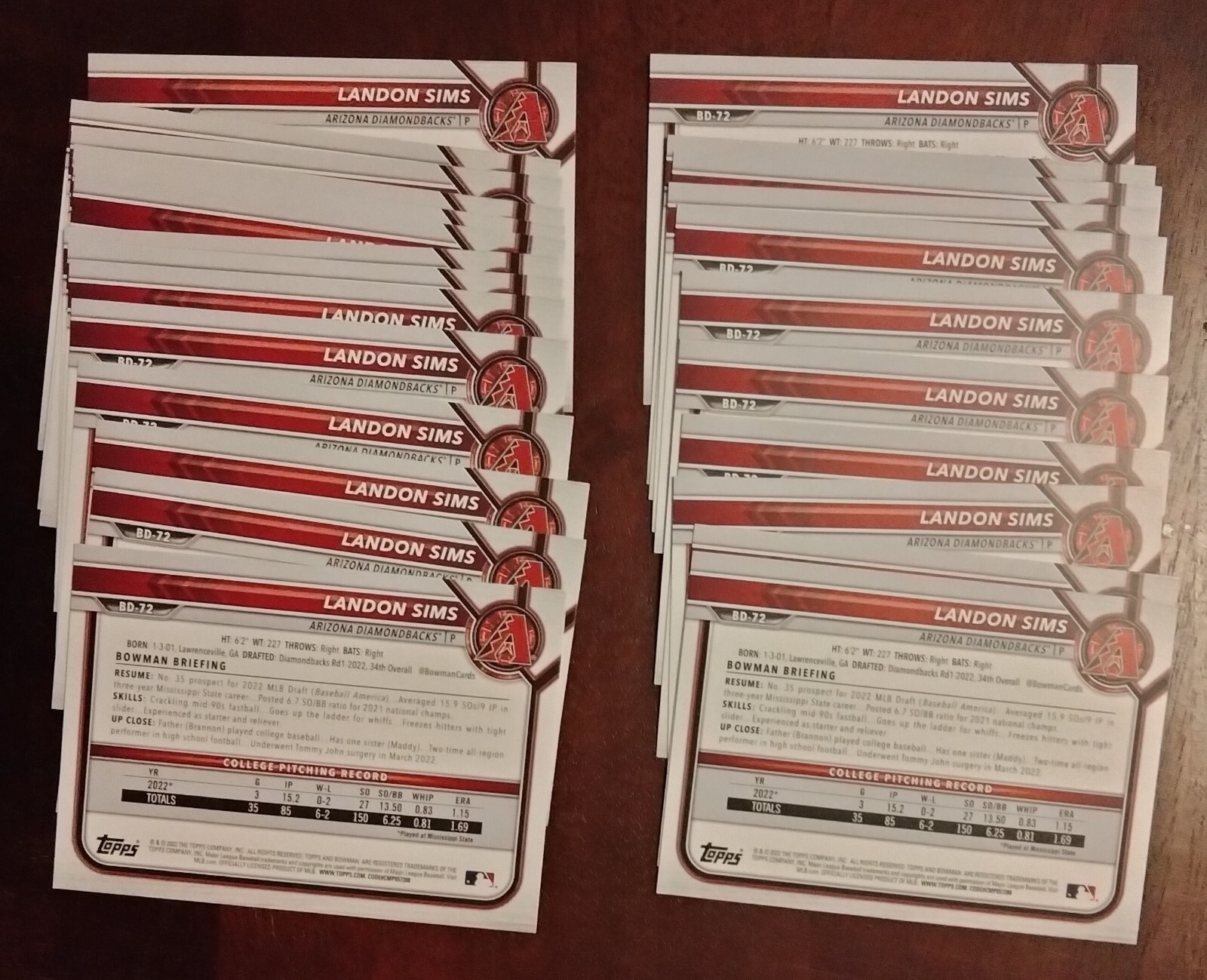 27 CARD LOT 2022 BOWMAN DRAFT PAPER LANDON SIMS BD-72 1ST BOWMAN ...