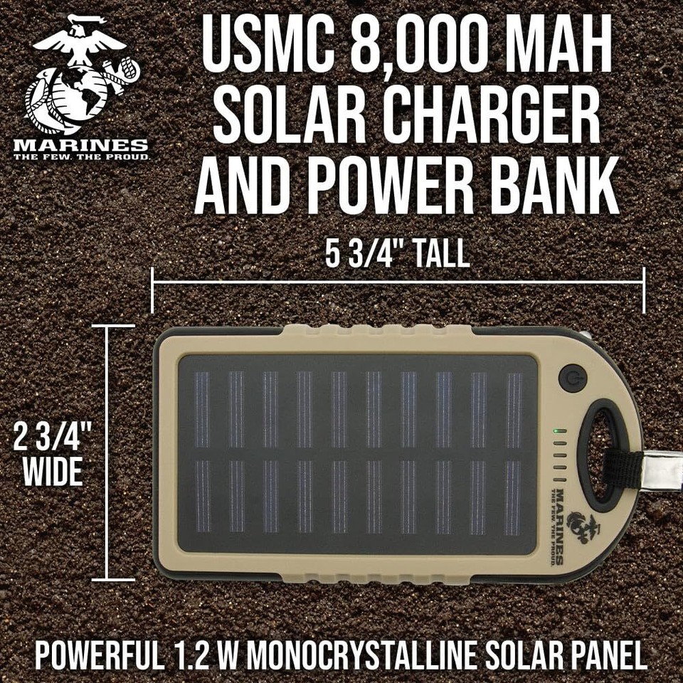 USMC 8,000 mAh Solar Charger and Power Bank | Dual USB | LED | Portable ...