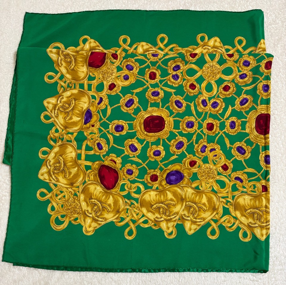 CHANEL Silk Scarf 51" Green Gold Chain Jewelry Heart CC Logo Gemstone ...