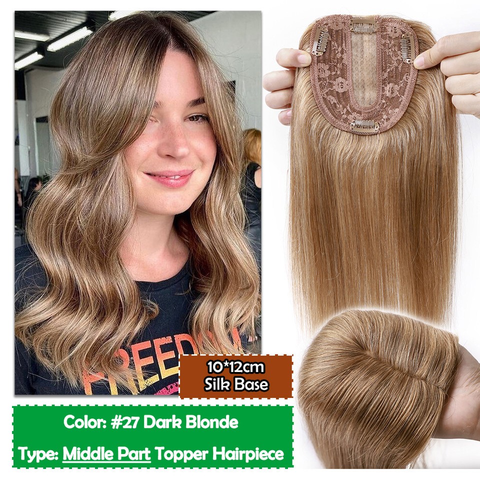 100% Real Remy Human Hair Clip In Toupee Hairpiece Mono Silk Base Women ...