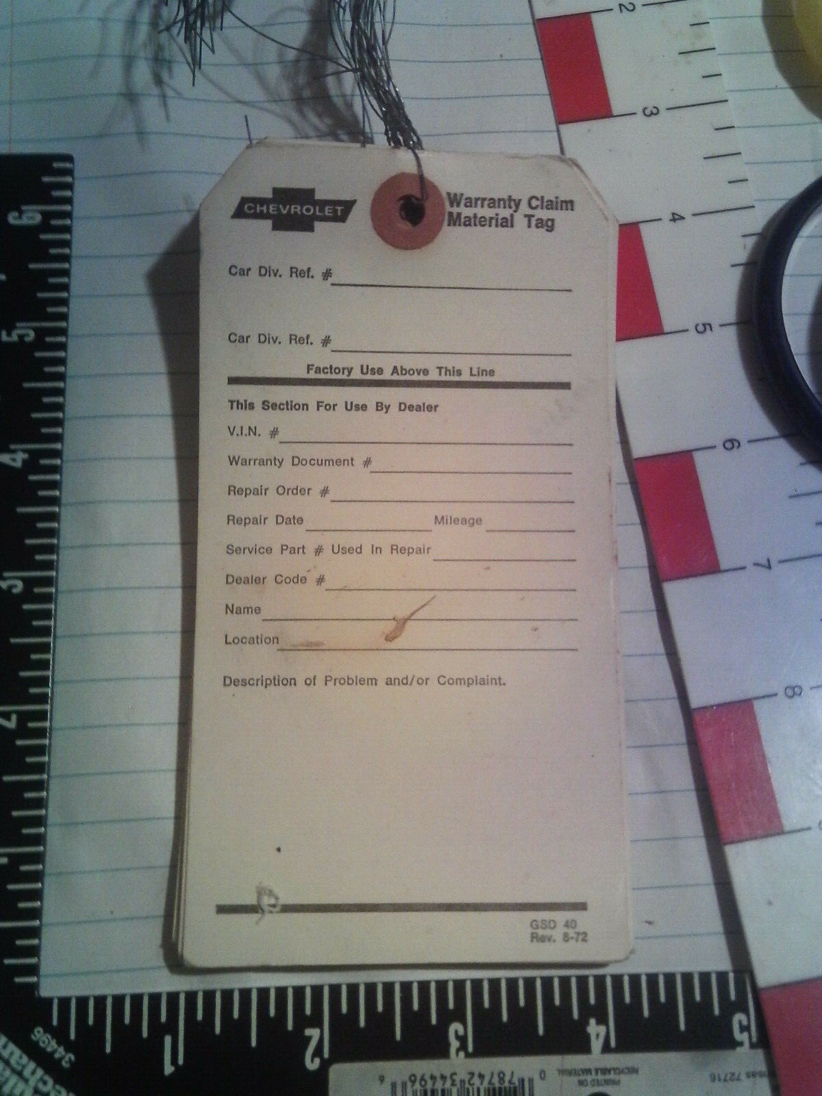 Chevrolet GM warrenty claim material tag card lot of 13 dated 8-1972 ...