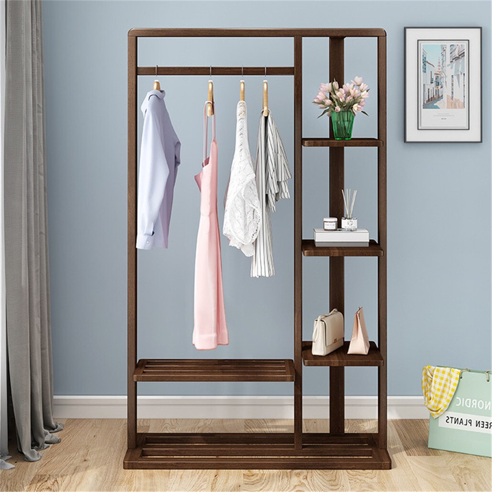 Strong Thick Wooden Clothing Rack Garment Rack with Hanging Rod＆6 ...