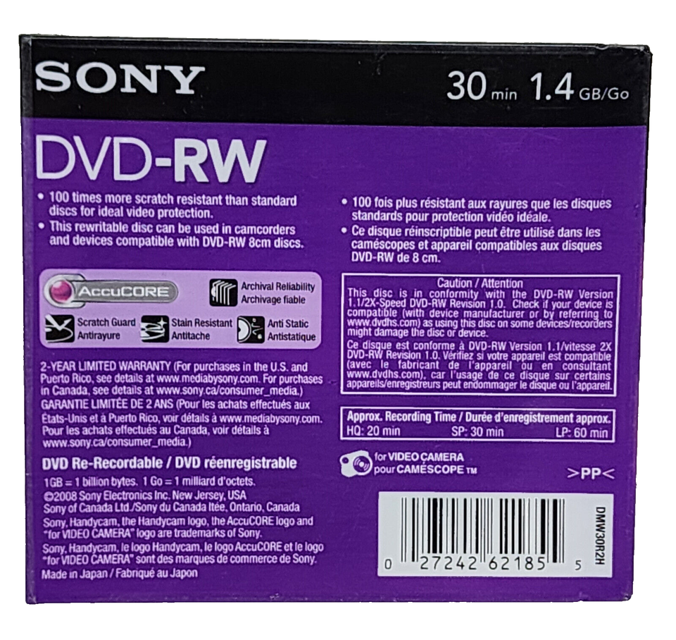 Sony DVD-RW Mini Recordable disc 1.4GB 30 Min New Sealed 27242621855 | eBay
