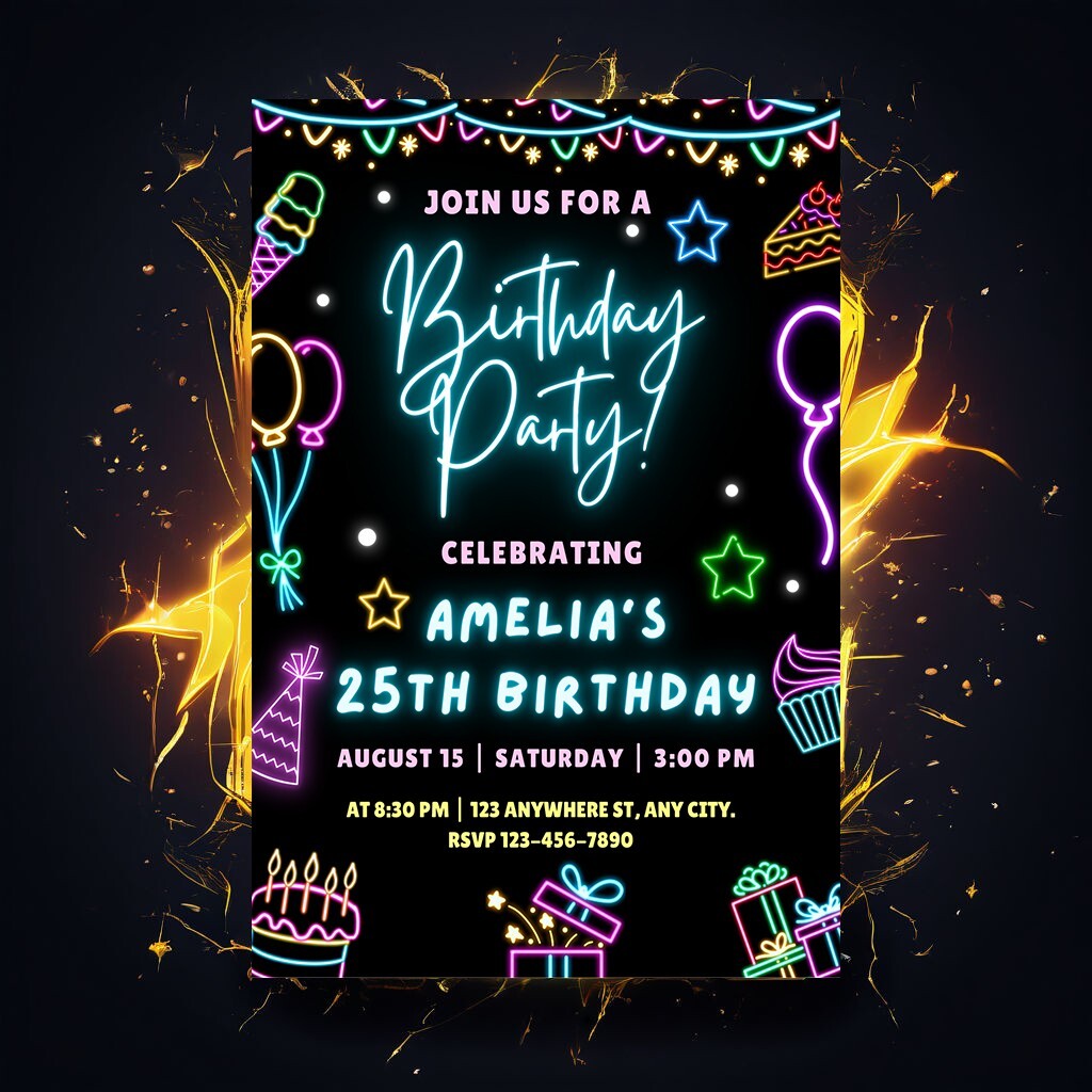 EDITABLE Neon Birthday Party Invitation Template, Glow Party Template ...