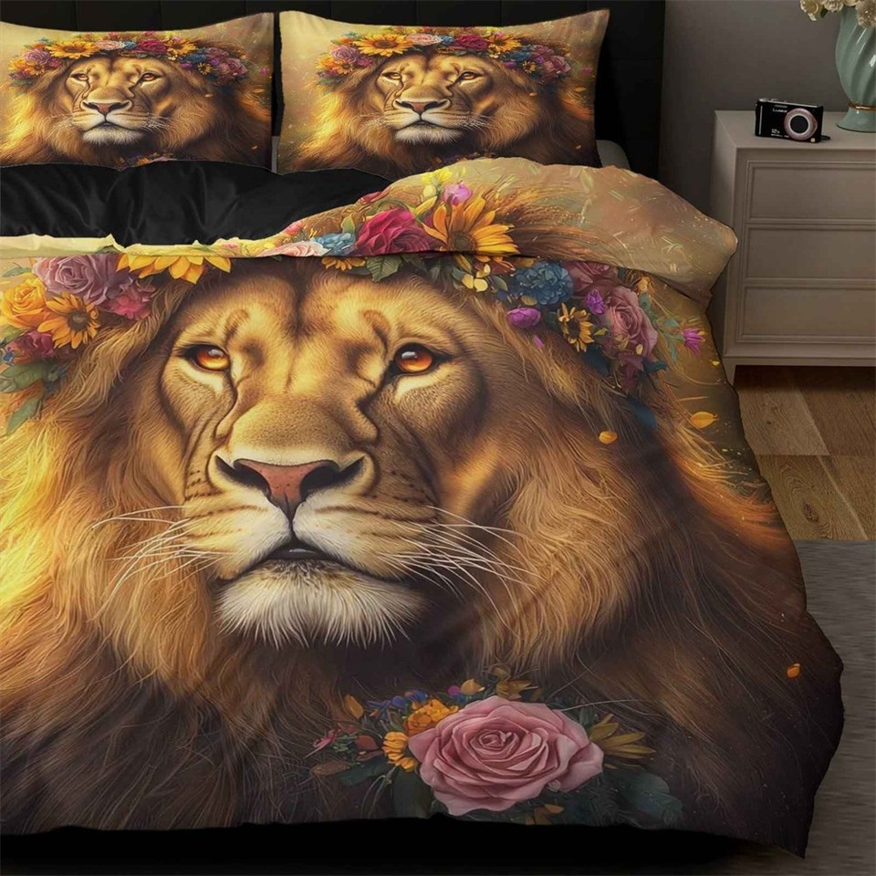 Flower Crown Lion Soft Duvet Quilt Cover Set Single Double King Super ...