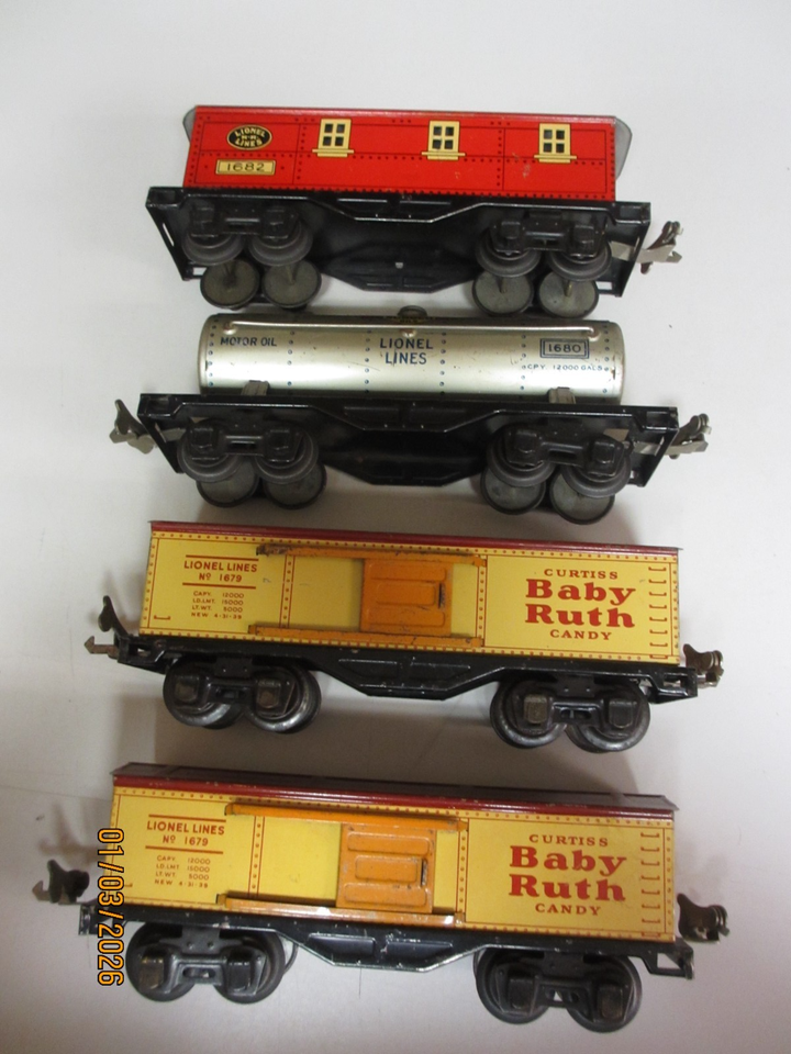 Lionel Prewar 1679 2 Baby Ruth Box cars, 1680 Tank and 1682 Caboose | eBay