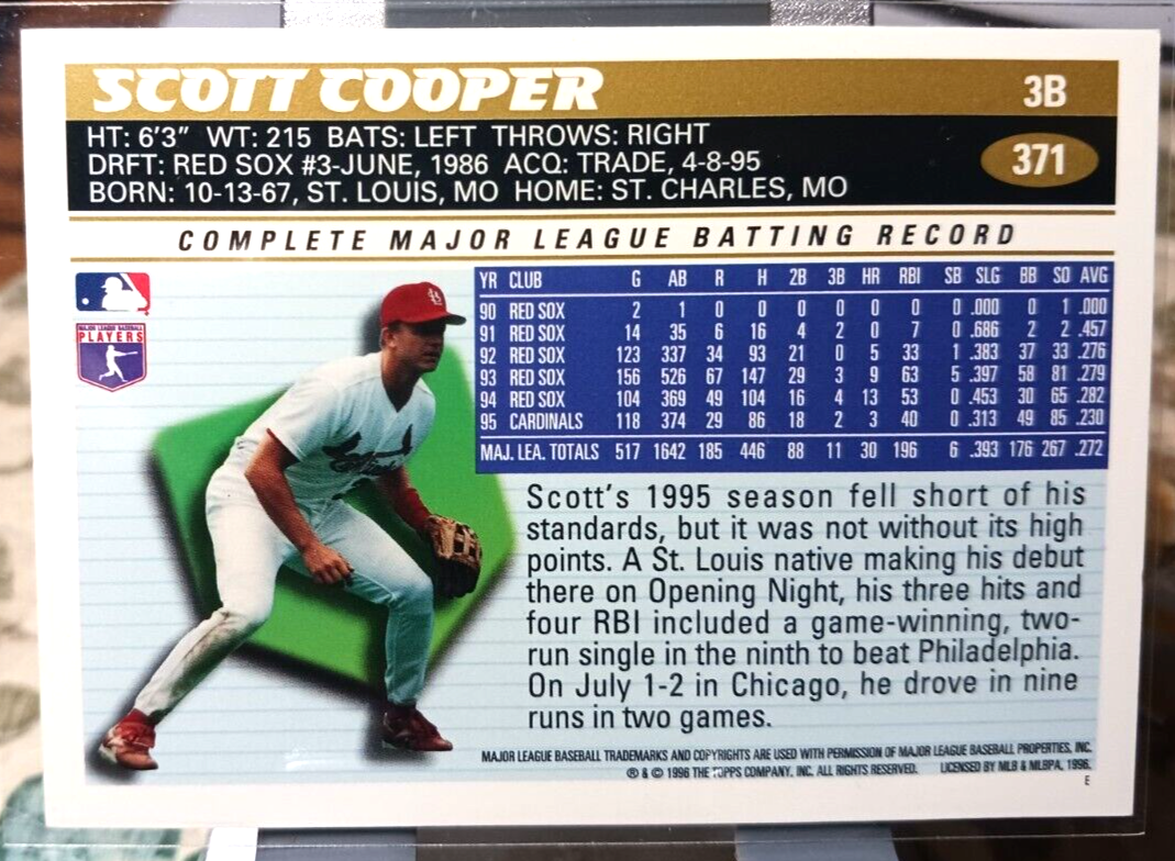 1996 Topps Baseball Card of Scott Cooper #371 (NM) Free Returns | eBay