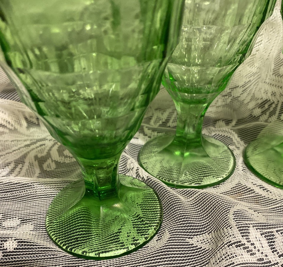 4 Hazel Atlas Colonial Block Green Glass Goblets Uranium Glass | eBay