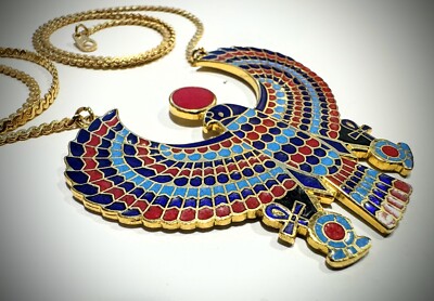 Large Egyptian Falcon Enamel & Coral Necklace, Ankh & Shen - 23 Grams ...